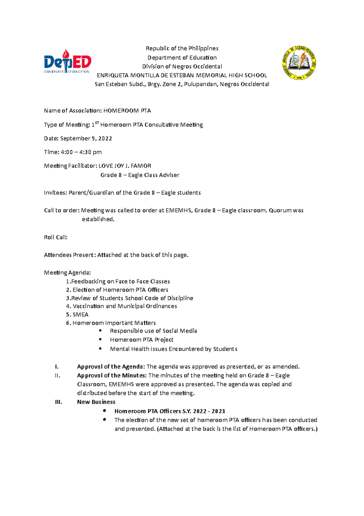 Minutes OF THE Meeting - Republic of the Philippines Department of ...