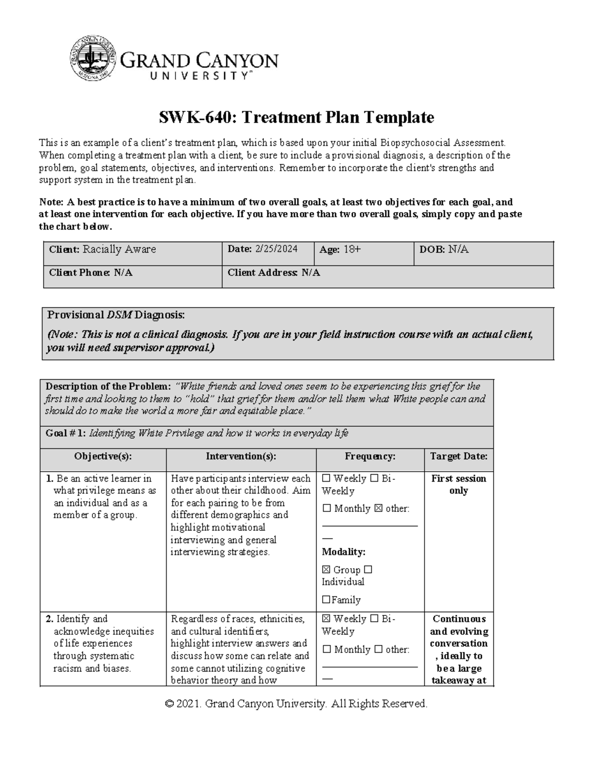 SWK-640-Group Treatment Plan - Racially Aware - SWK-640: Treatment Plan Template This is an ...