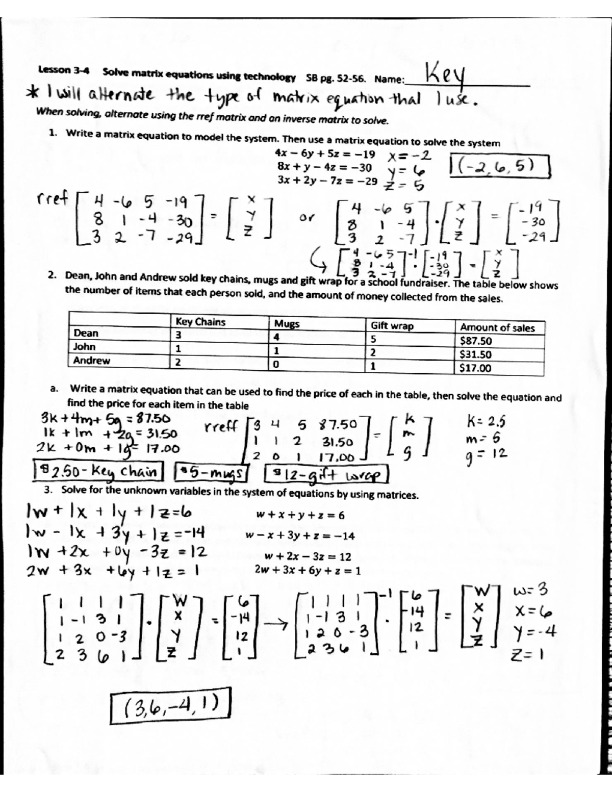 22-23 Solve Matrices with Technology key - Lesson Solve matrix equations using technology SB pg ...