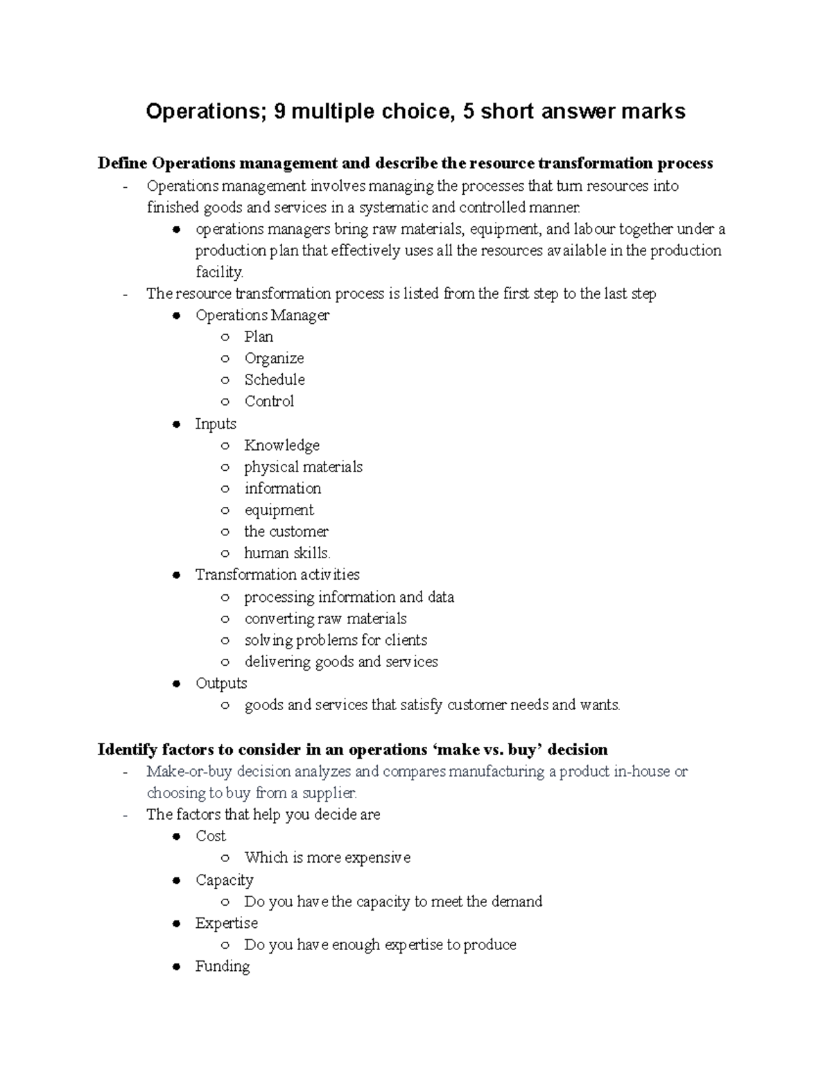 Bu121 final exam - Operations; 9 multiple choice, 5 short answer marks ...
