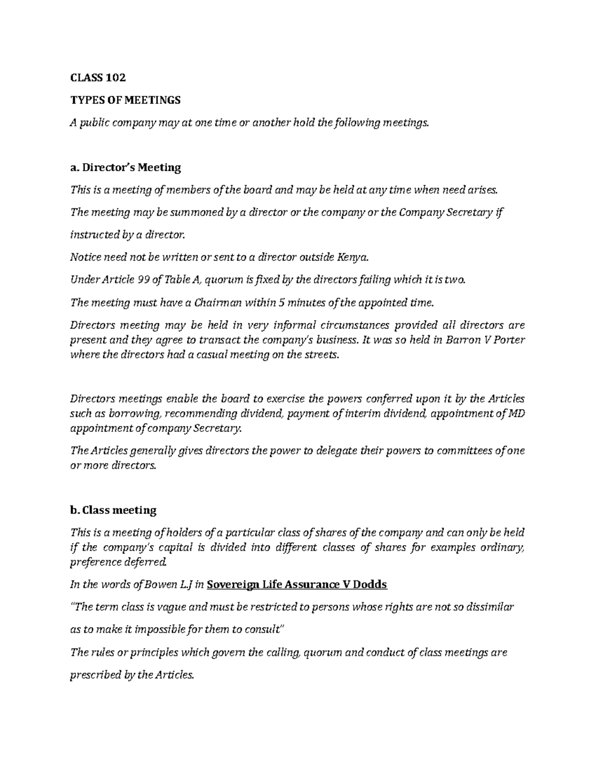 Class 102 - Academic lecture notes - CLASS 102 TYPES OF MEETINGS A ...