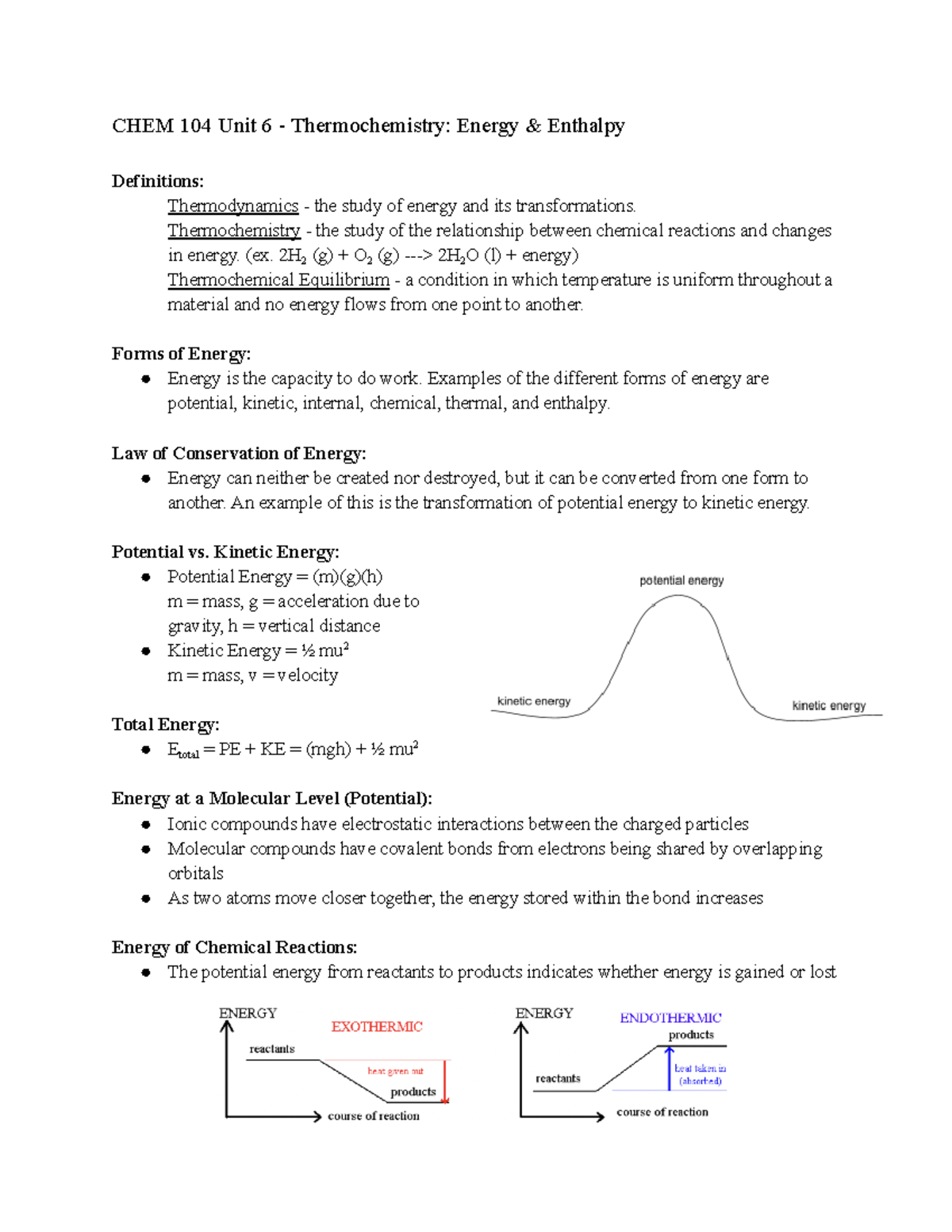 Chem 104 - Unit 6 Notes - CHEM 104 Unit 6 - Thermochemistry: Energy ...