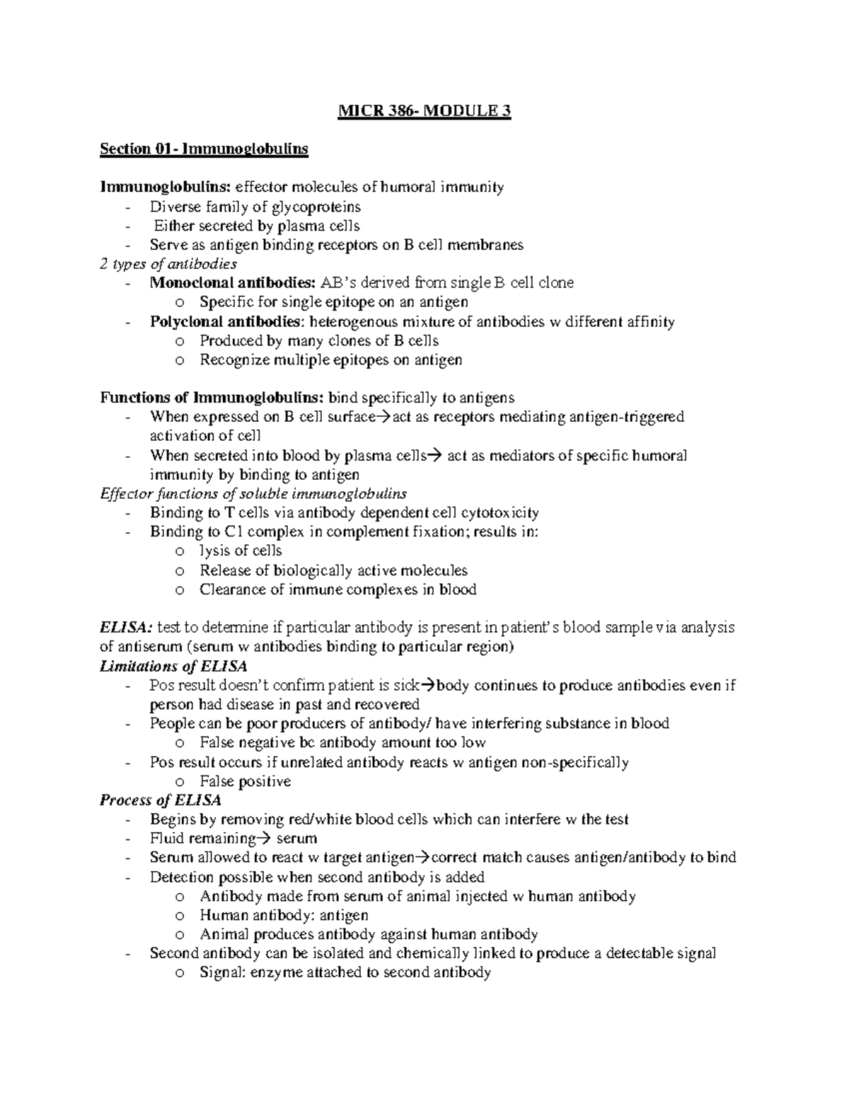 MICR 386 Module 3 - MICR 386- MODULE 3 Section 01- Immunoglobulins ...