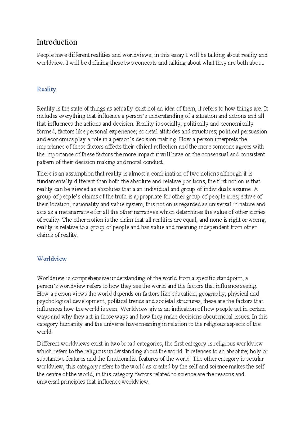 ETH121 Assignment - worldview vs religion - Introduction People have ...