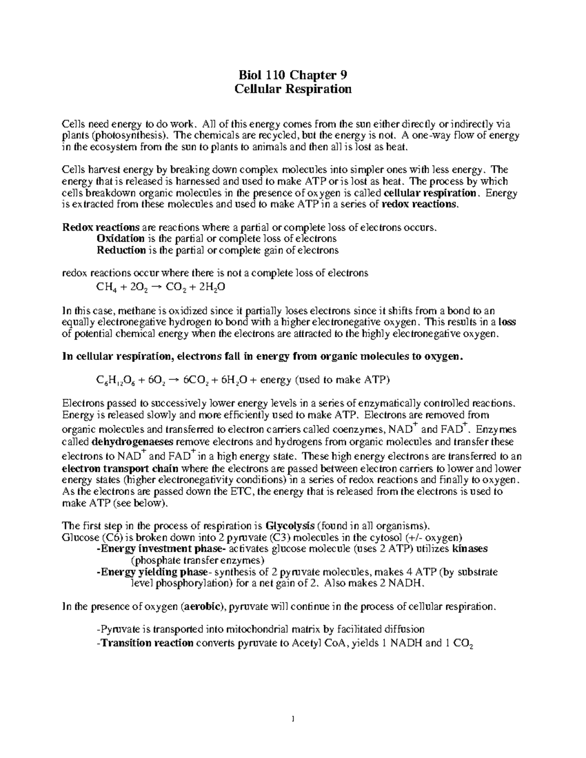 Chapter 09 Outline - 1 Biol 110 Chapter 9 Cellular Respiration Cells ...