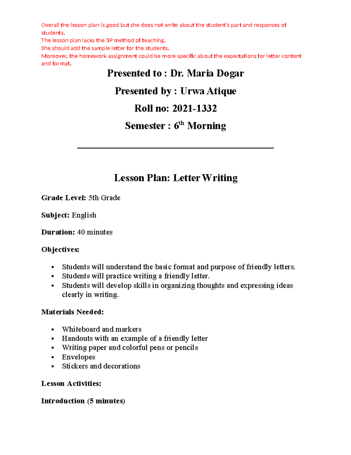 Letter writing lesson plan - Overall the lesson plan is good but she ...