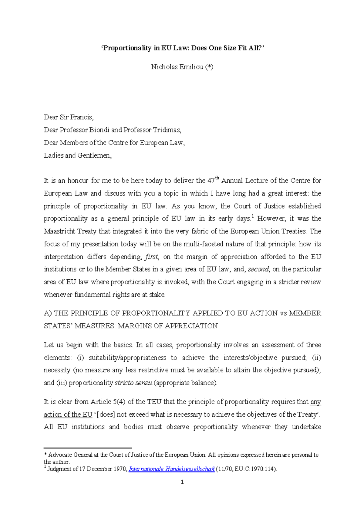 The principle of proportionality in European Union Law - Conference ...