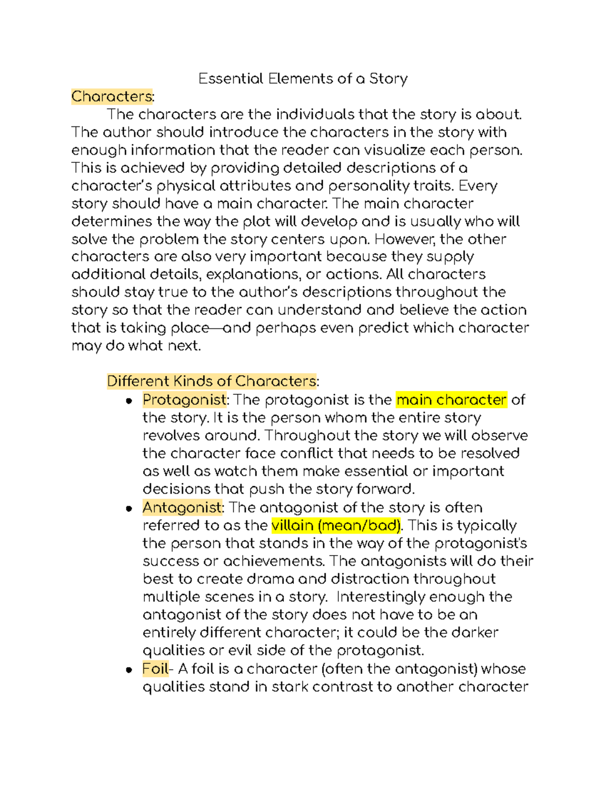 Story Plot Elements - Essential Elements of a Story Characters: The ...