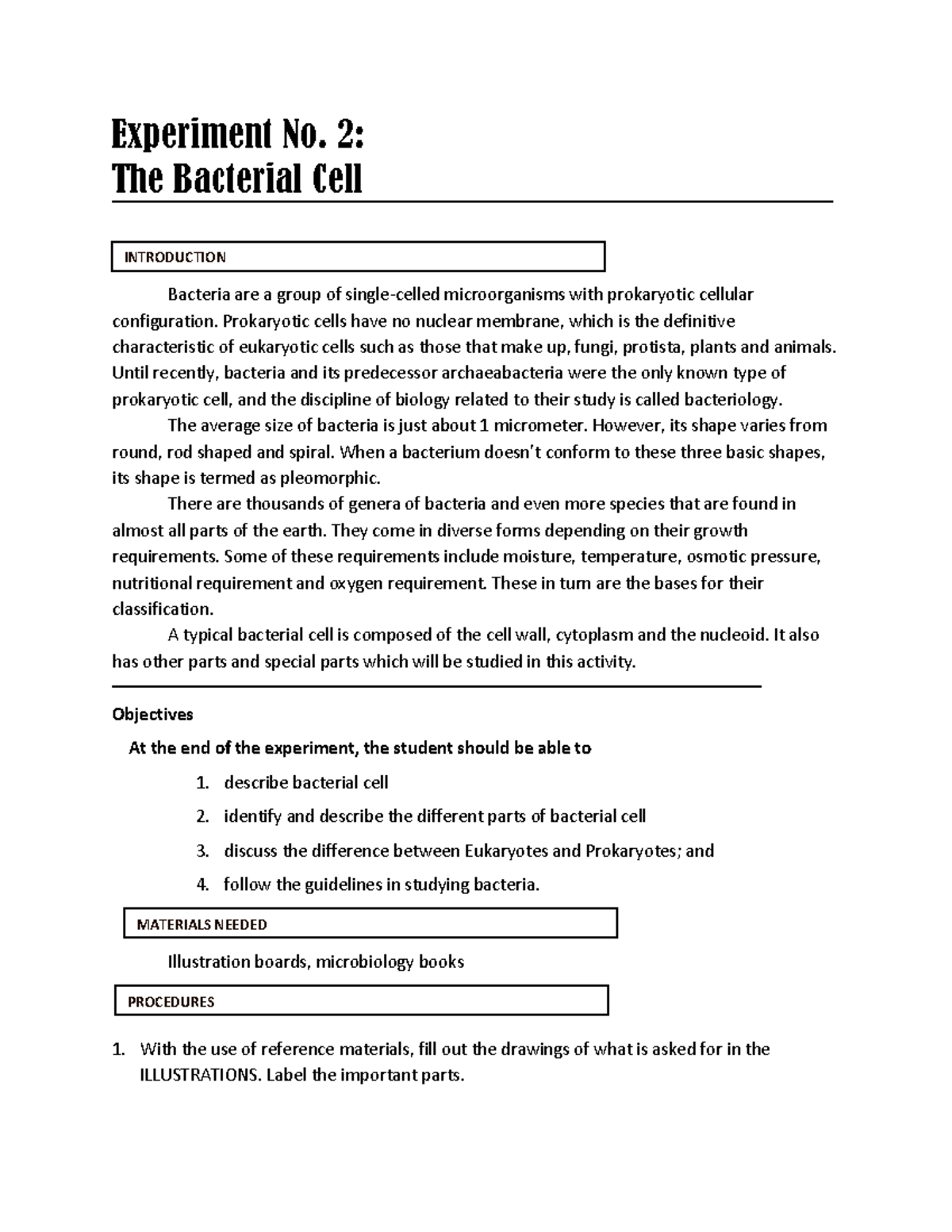 Act 2 bacte - Experiment No. 2: The Bacterial Cell Bacteria are a group ...