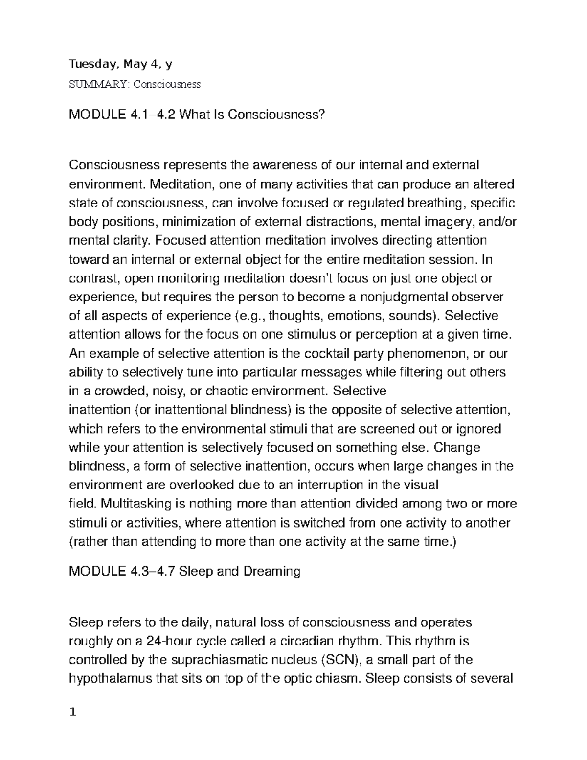 Consciousness Notes - Written By Kayla Serota - SUMMARY: Consciousness ...