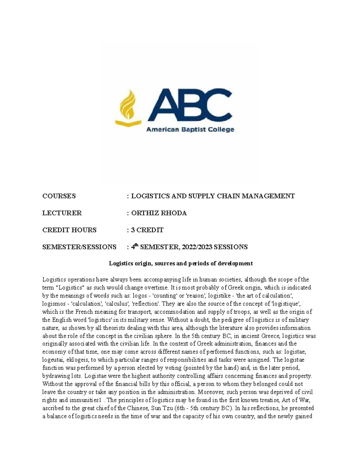 Logistics origin, sources and periods of development - COURSES ...