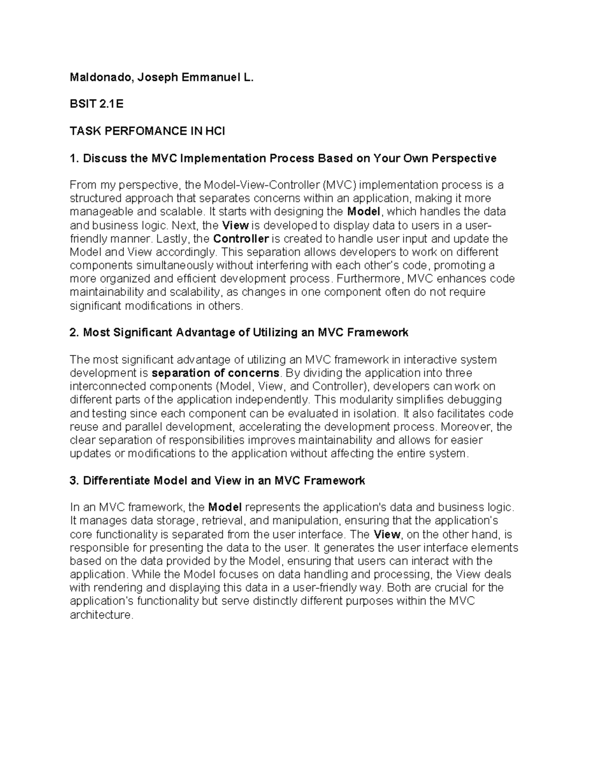 Hci tp - n/a - Maldonado, Joseph Emmanuel L. BSIT 2 TASK PERFOMANCE IN HCI Discuss the MVC - Studocu