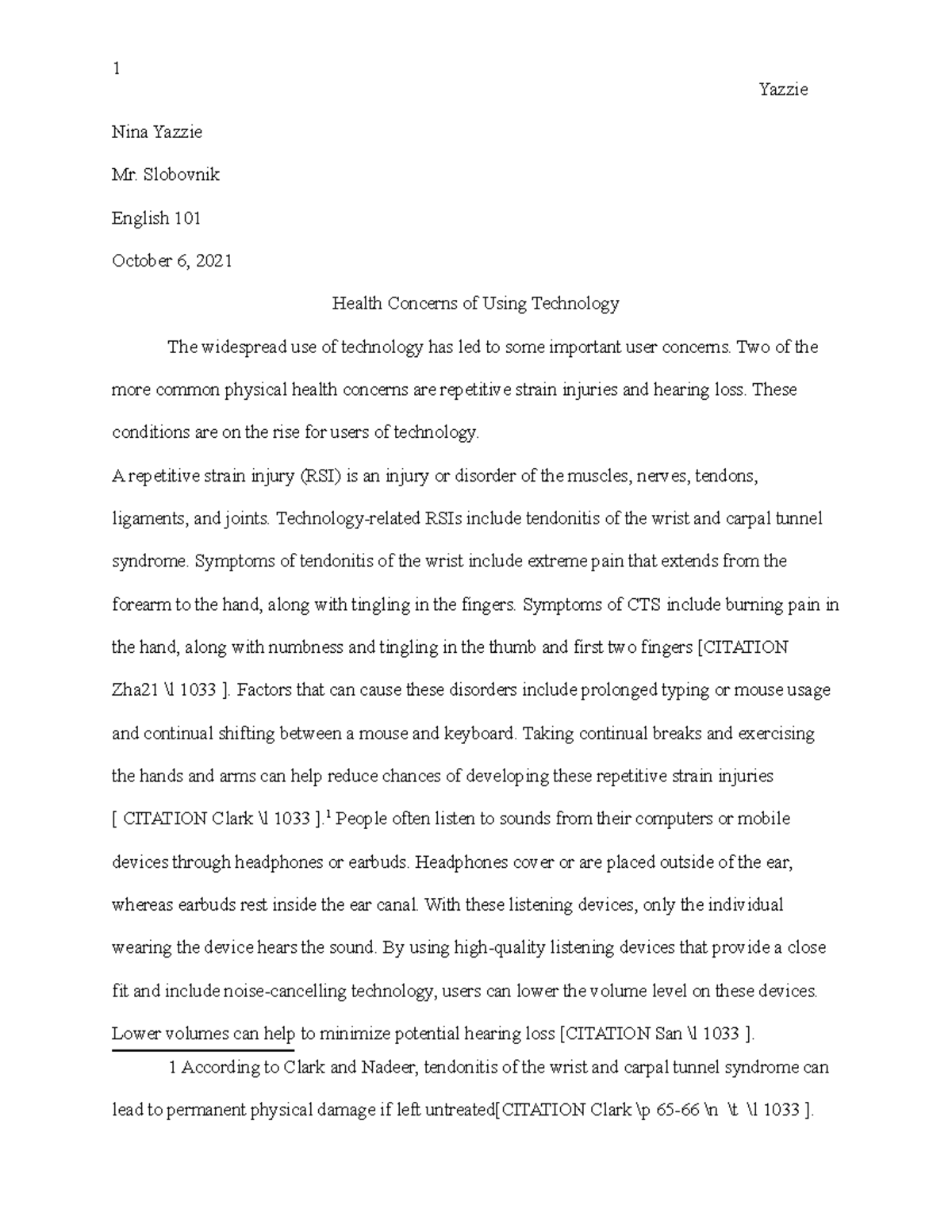 SC WD 2 Technology Health Concerns Paper - 1 Yazzie Nina Yazzie Mr ...