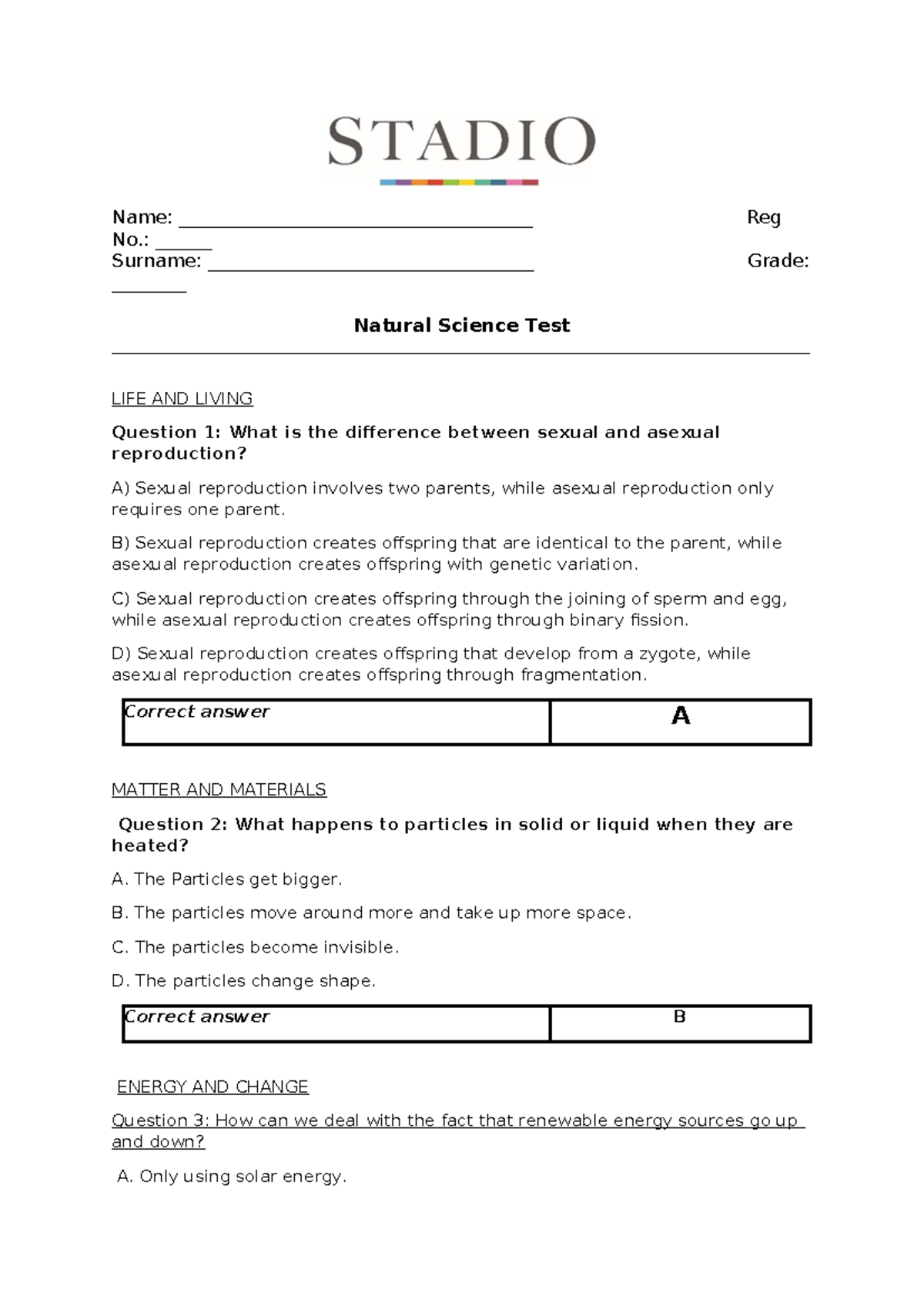 Test and Memo - Test and memo for teaching natural sciences - Name ...