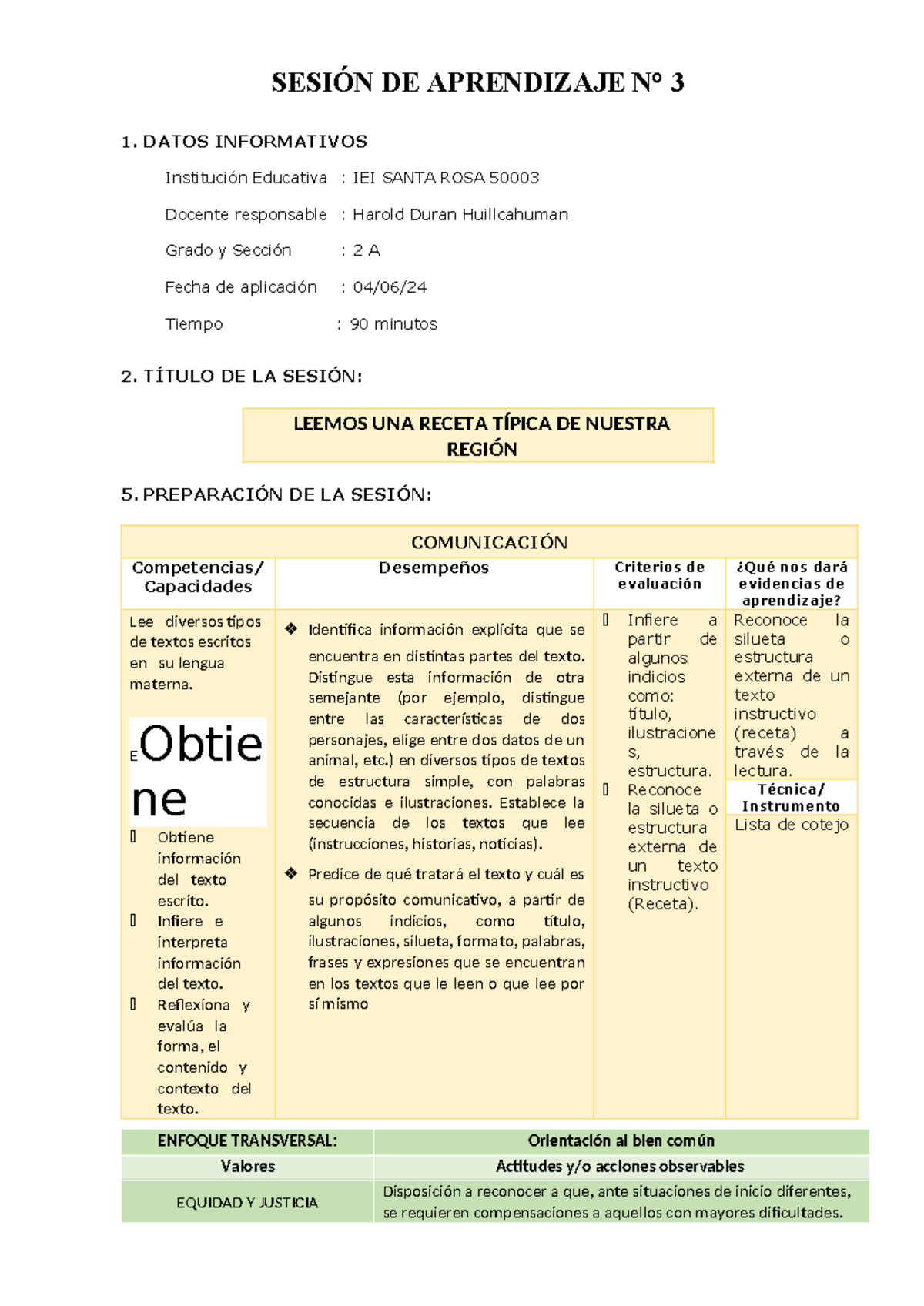 Sesión DE Aprendizaje leemos una receta - SESIÓN DE APRENDIZAJE N° 3 1. DATOS INFORMATIVOS ☑ ...