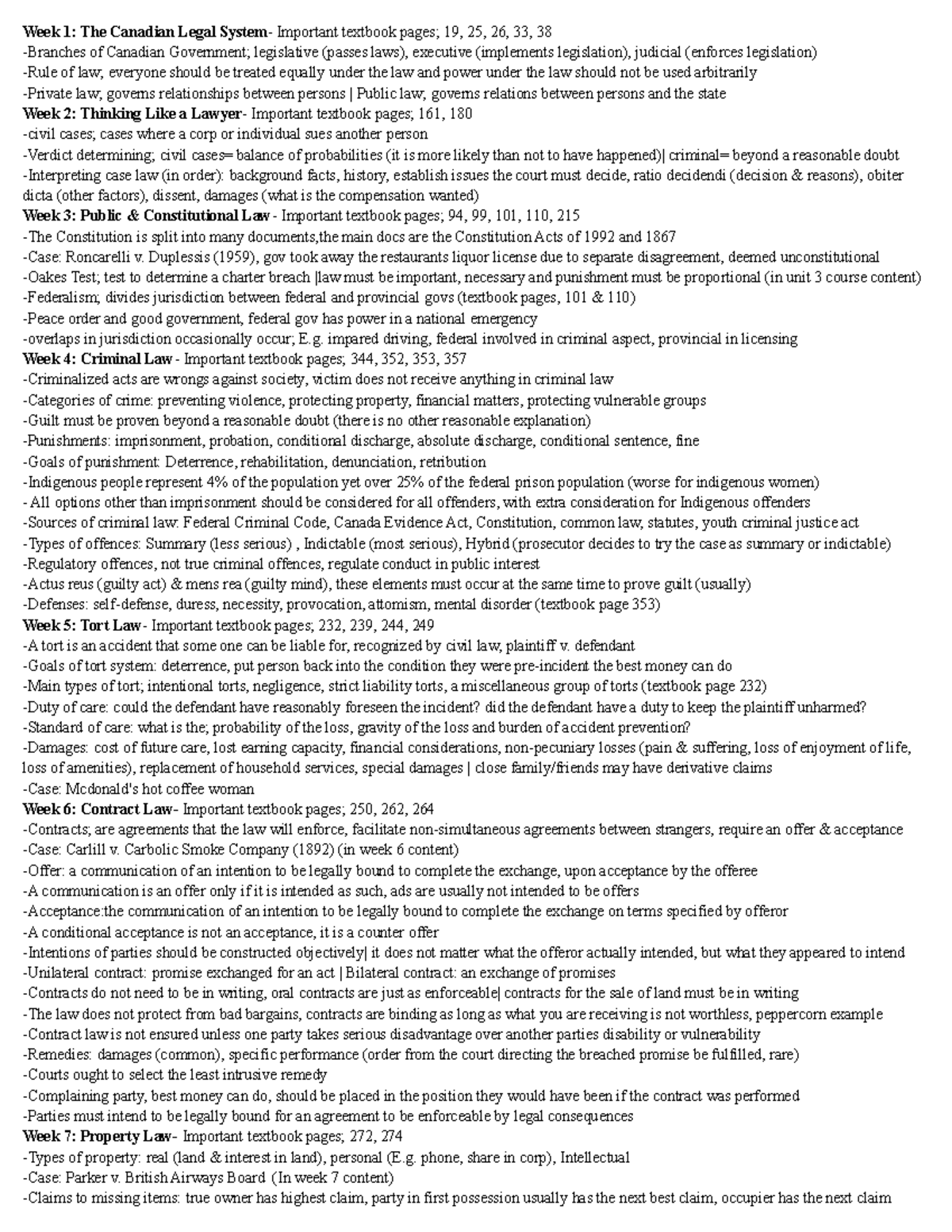 Law Exam Aid - 1 Page exam aid - Week 1: The Canadian Legal System ...