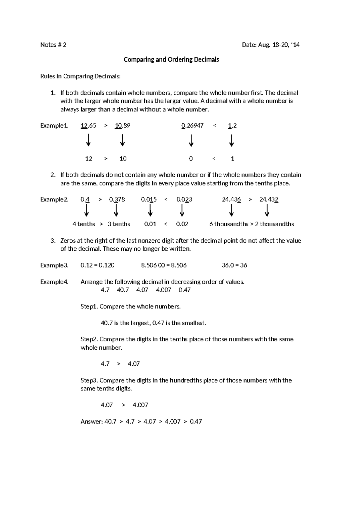 Notes 2 - Mathematics - Notes # 2 Date: Aug. 18-20, ‘ Comparing and ...
