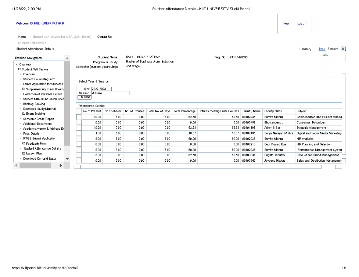 Student Attendance Details - KIIT University SLc M Portal - 11/28/22, 2:09 PM Student Attendance ...