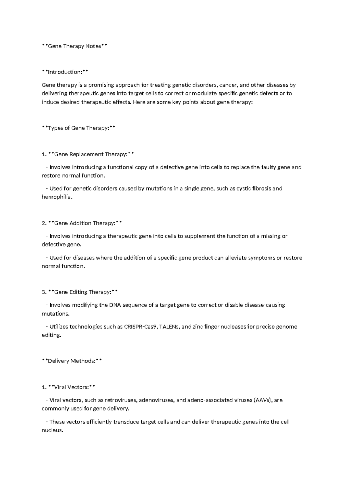 Gene Therapy Notes - Gene Therapy Notes Introduction: Gene therapy is a ...