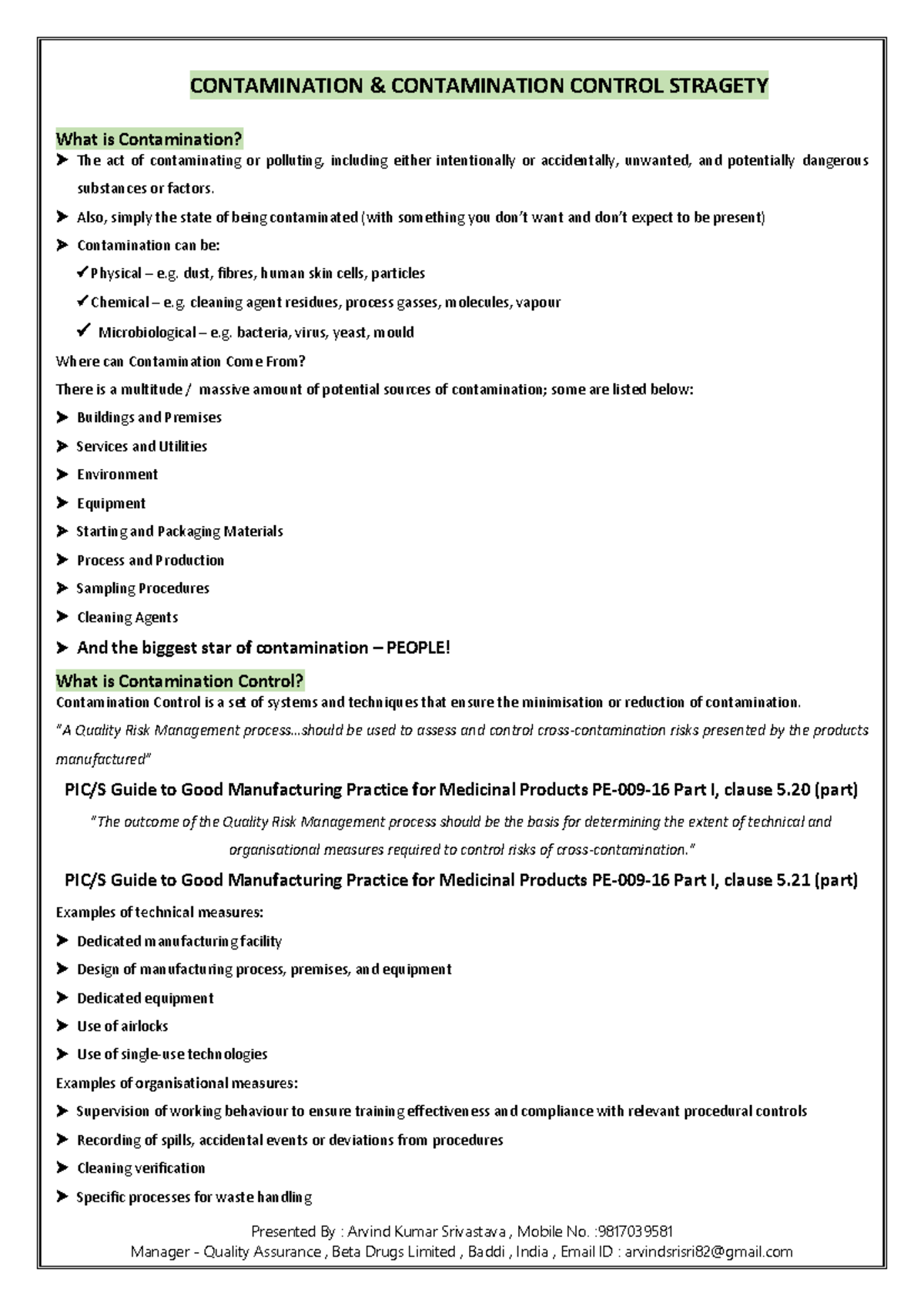 Contamination Control Strategy 1717207958 - Presented By : Arvind Kumar ...