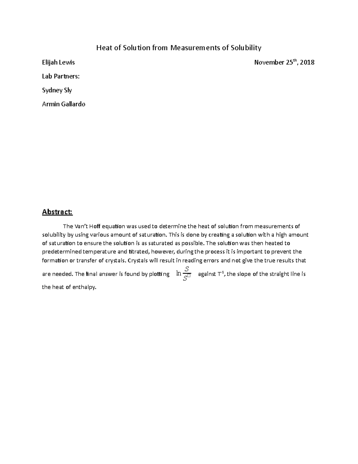 Lab report 9 pchem 1 - Heat of Solution from Measurements of Solubility ...