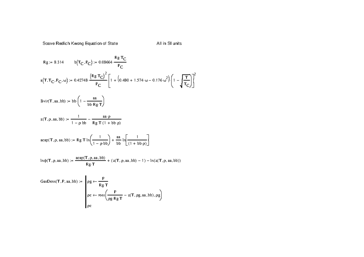 Mathcad - Thermo 7 SRK & Virial - Soave Redlich Kwong Equation of State ...