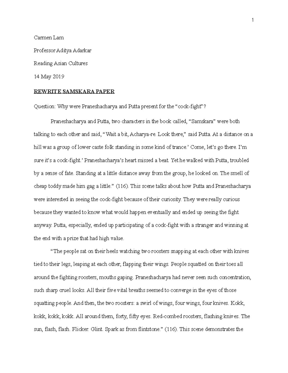 Rewrote Samskara Paper - 1 Carmen Lam Professor Aditya Adarkar Reading ...