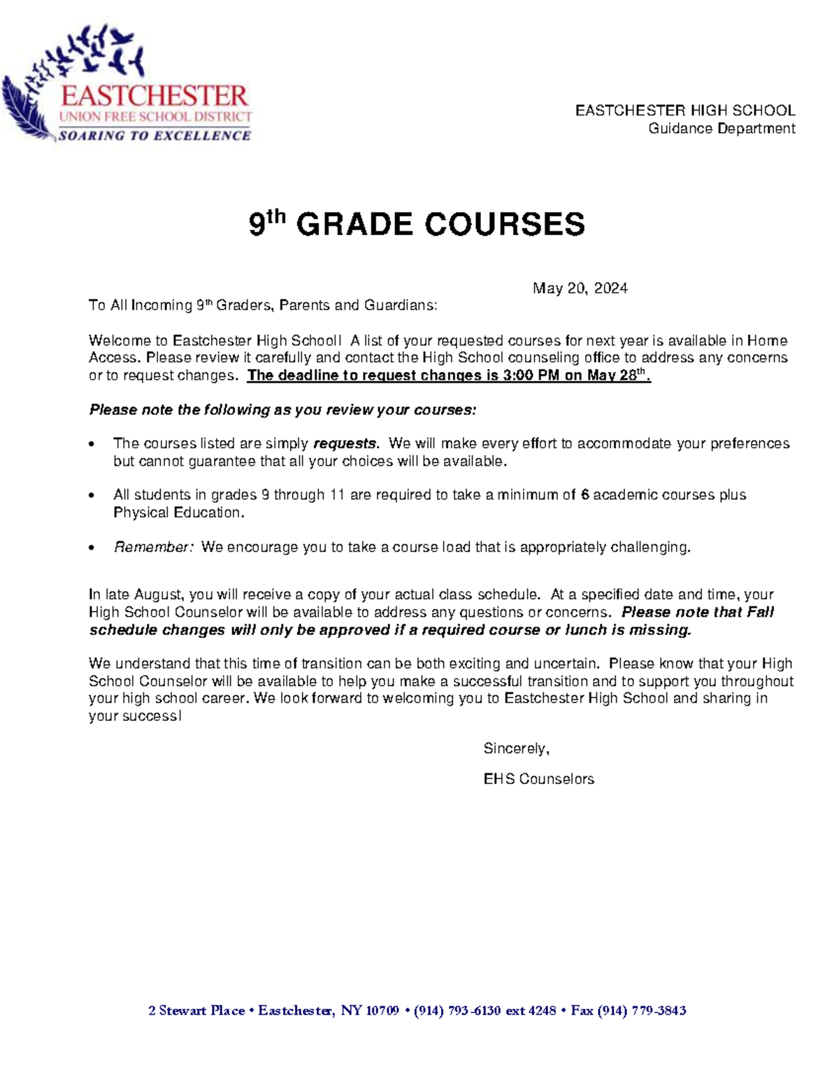 Letter course requests home incoming 9th grade 2024 - EASTCHESTER HIGH ...