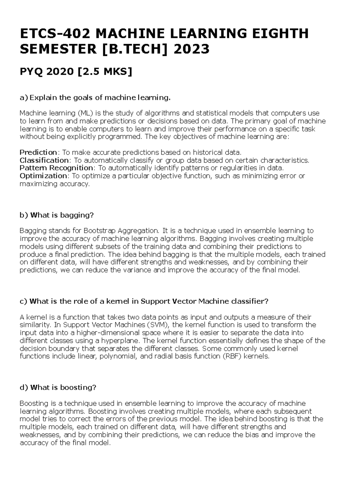 Machine Learning EXAM PYQs - ETCS-402 MACHINE LEARNING EIGHTH SEMESTER ...