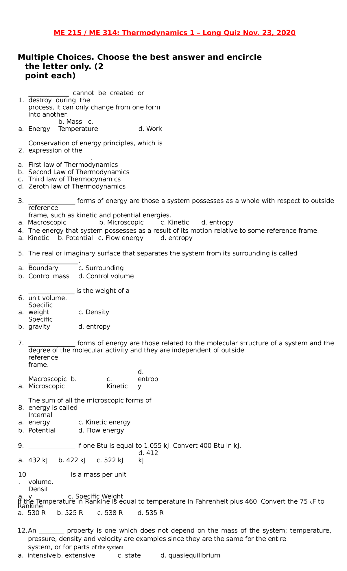 Teast 1 - rtyrty - ME 215 / ME 314: Thermodynamics 1 – Long Quiz Nov ...