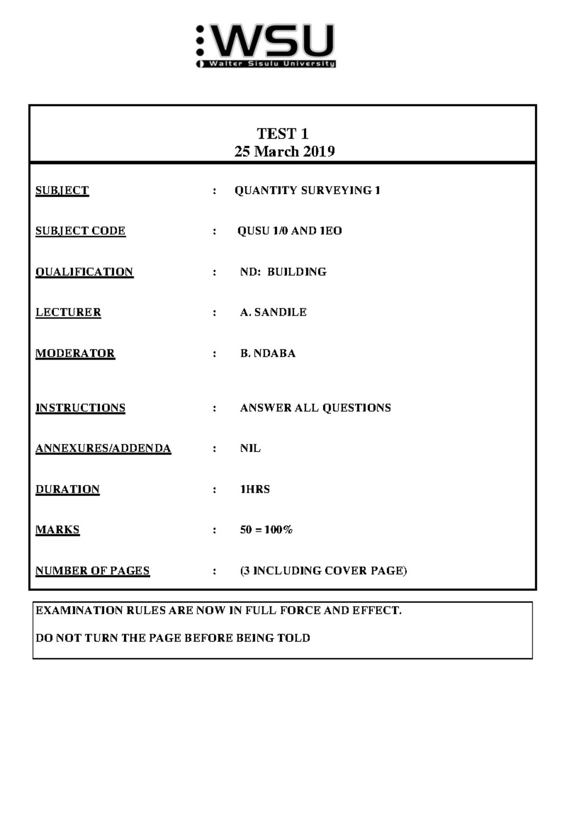 QUSU 1 TEST 1 - TEST 1 25 March 2019 SUBJECT : QUANTITY SURVEYING 1 ...