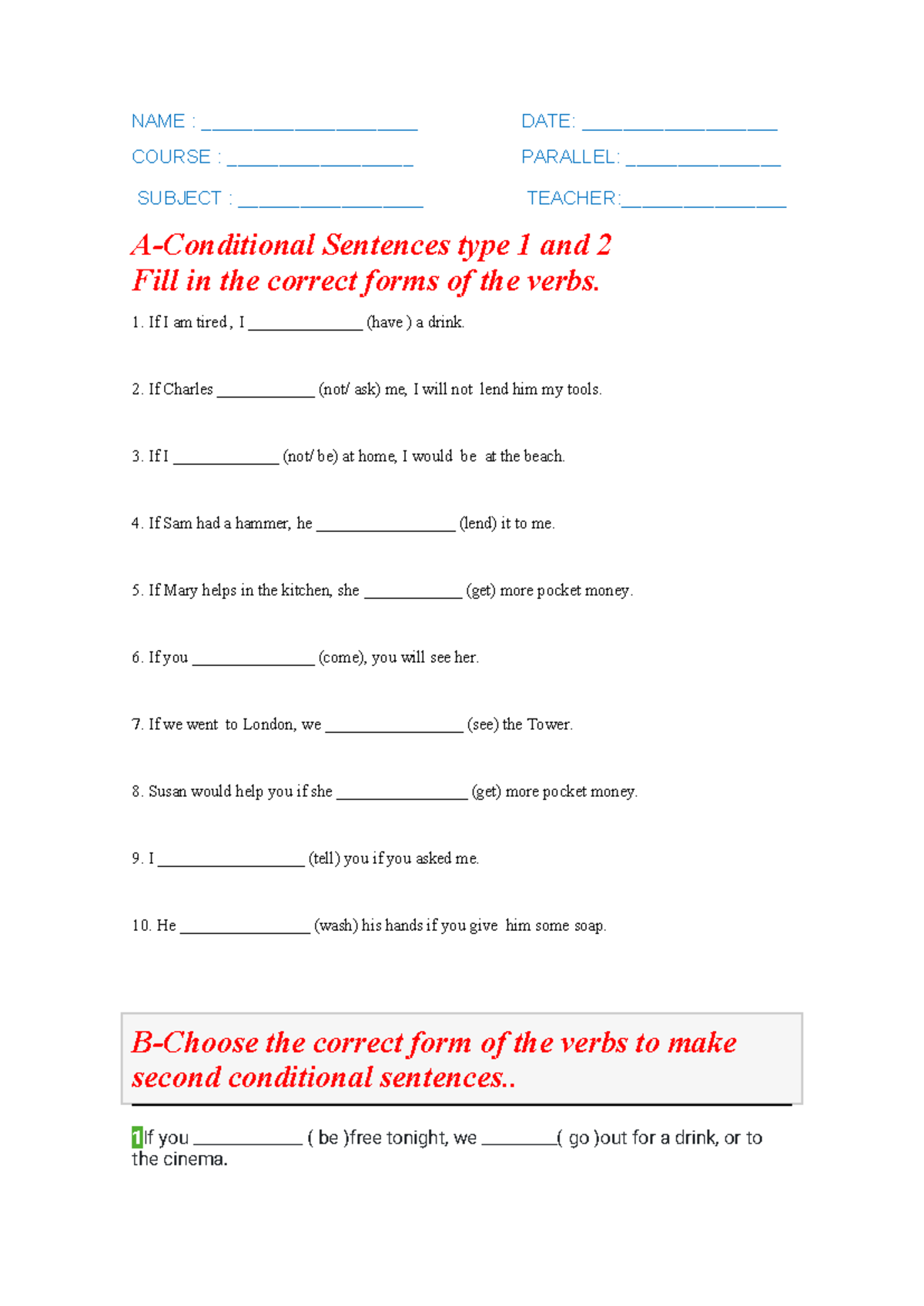 3 bach QUIZ 1 Conditional Sentences 1-2 - NAME : _____________________ DATE ...