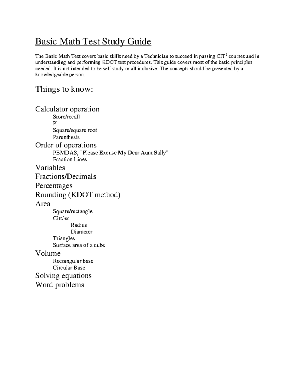 Math test study guide - Basic Math Test Study Guide The Basic Math Test ...
