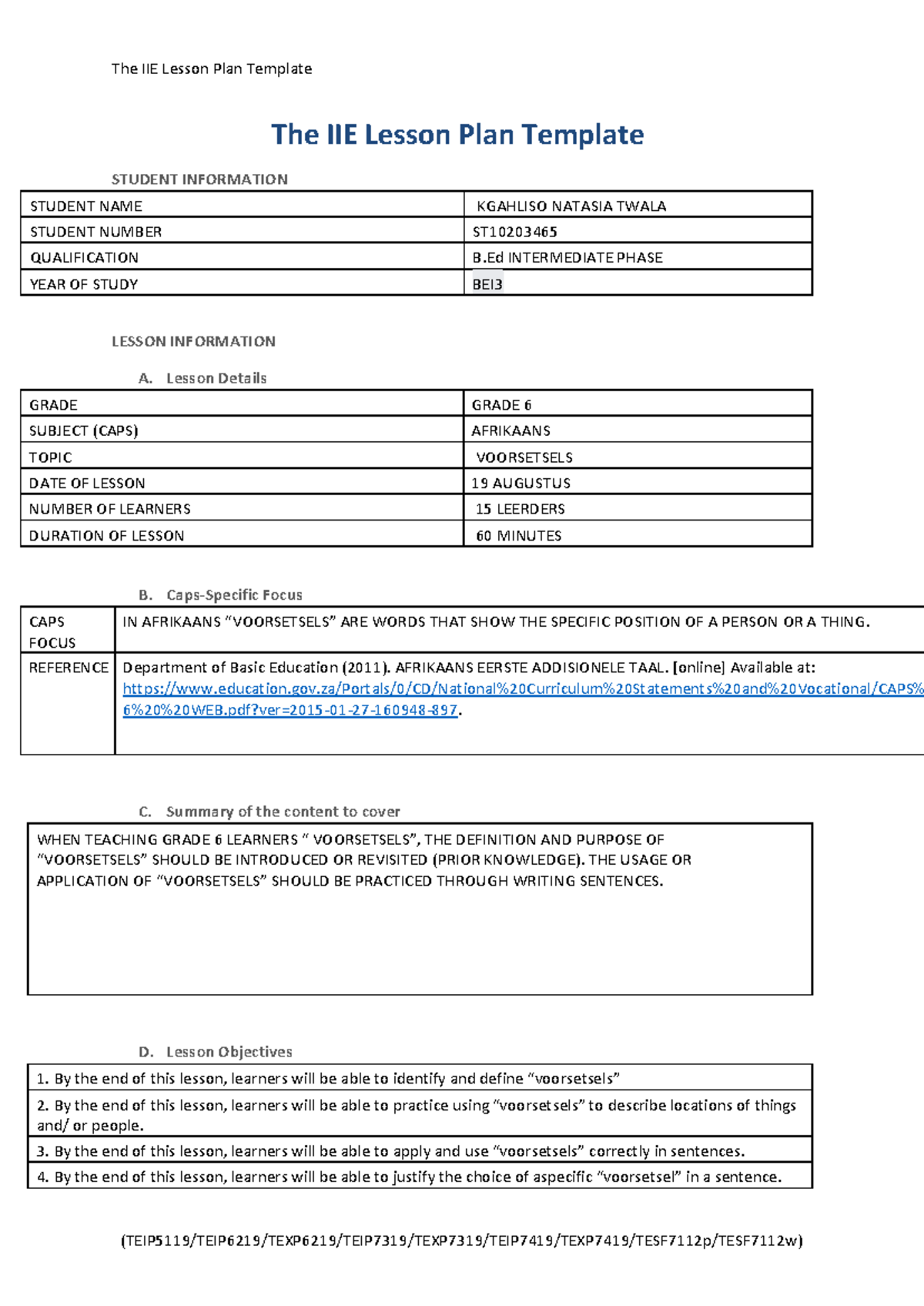 Afrikaans Final Voorsetsels Lesson PLAN - The IIE Lesson Plan Template ...