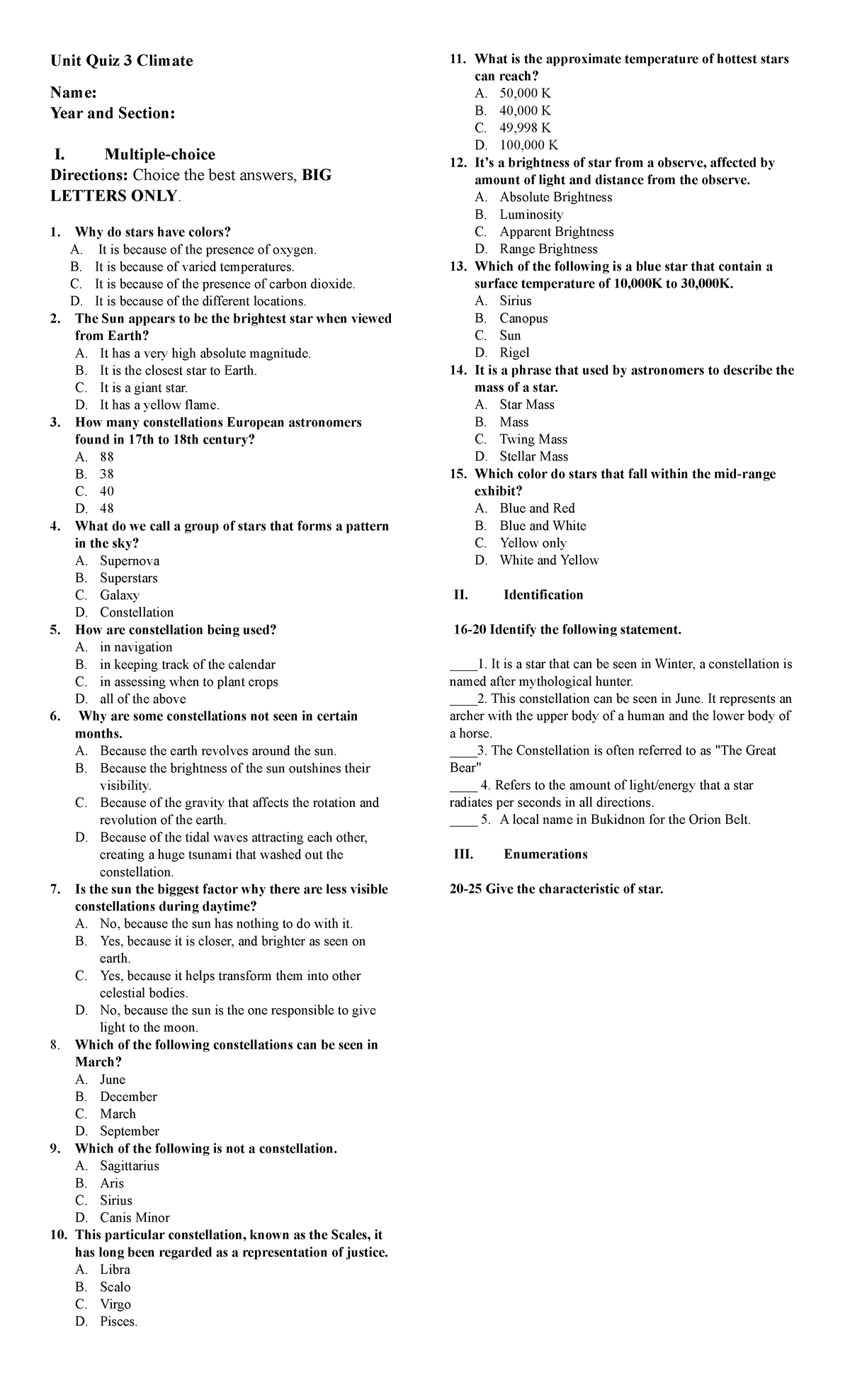 3RD QUIZ (MOD3) - quiz - Unit Quiz 3 Climate Name: Year and Section: I ...