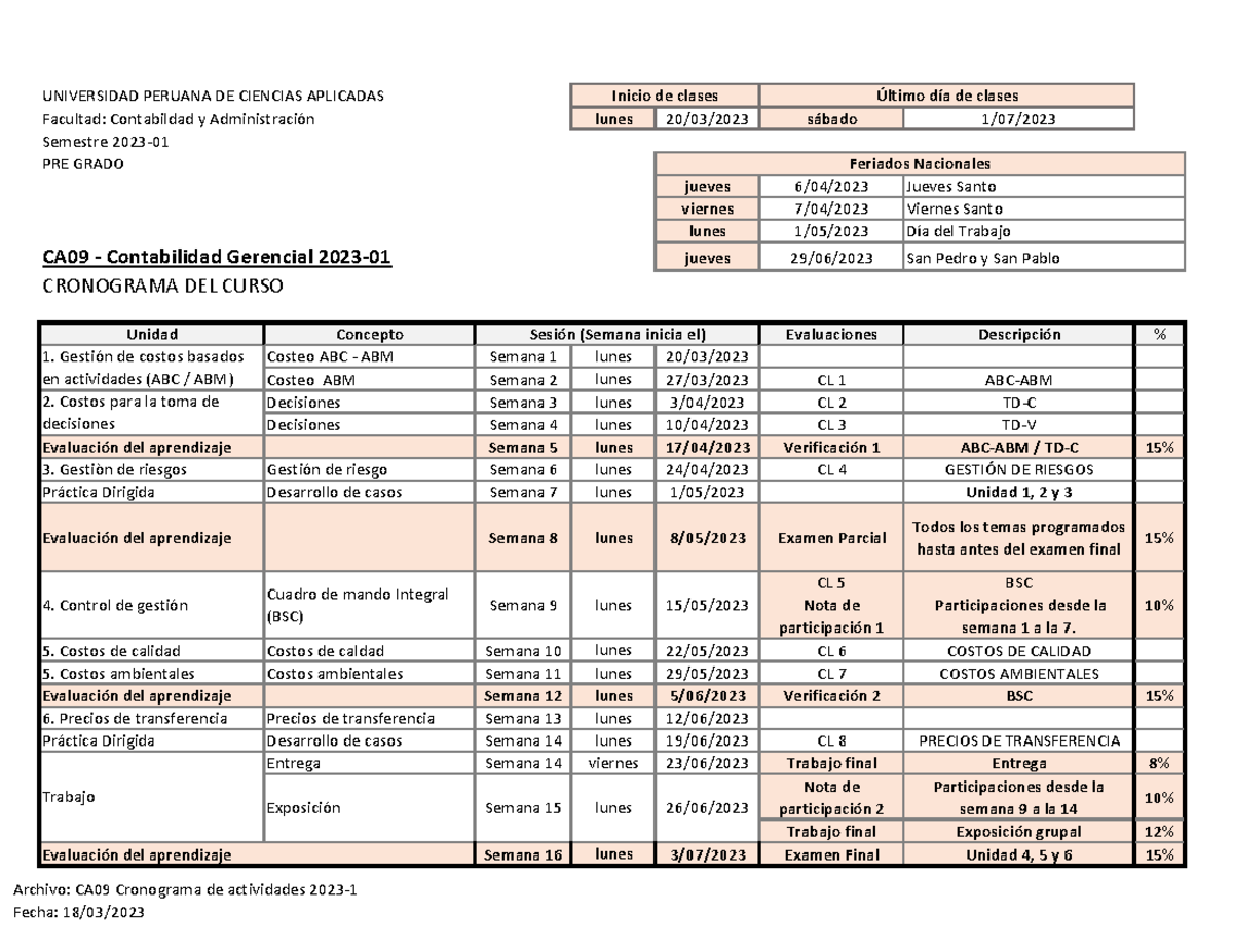 CA09 Cronograma de actividades 2023-1 - UNIVERSIDAD PERUANA DE CIENCIAS ...