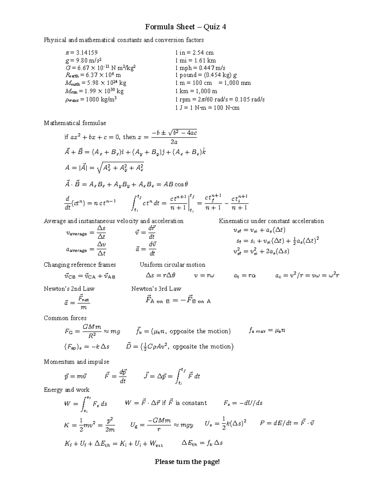 Formula Sheet Quiz 4 - Formula Sheet – Quiz 4 Physical and mathematical ...