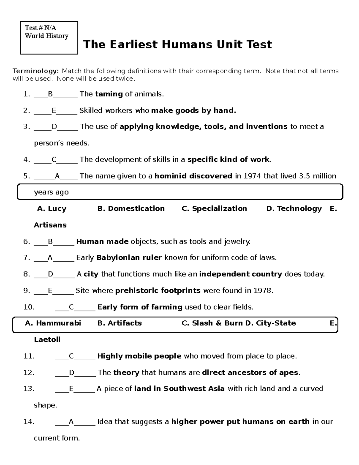 Earliest Humans Test Review 2023 - The Earliest Humans Unit Test ...