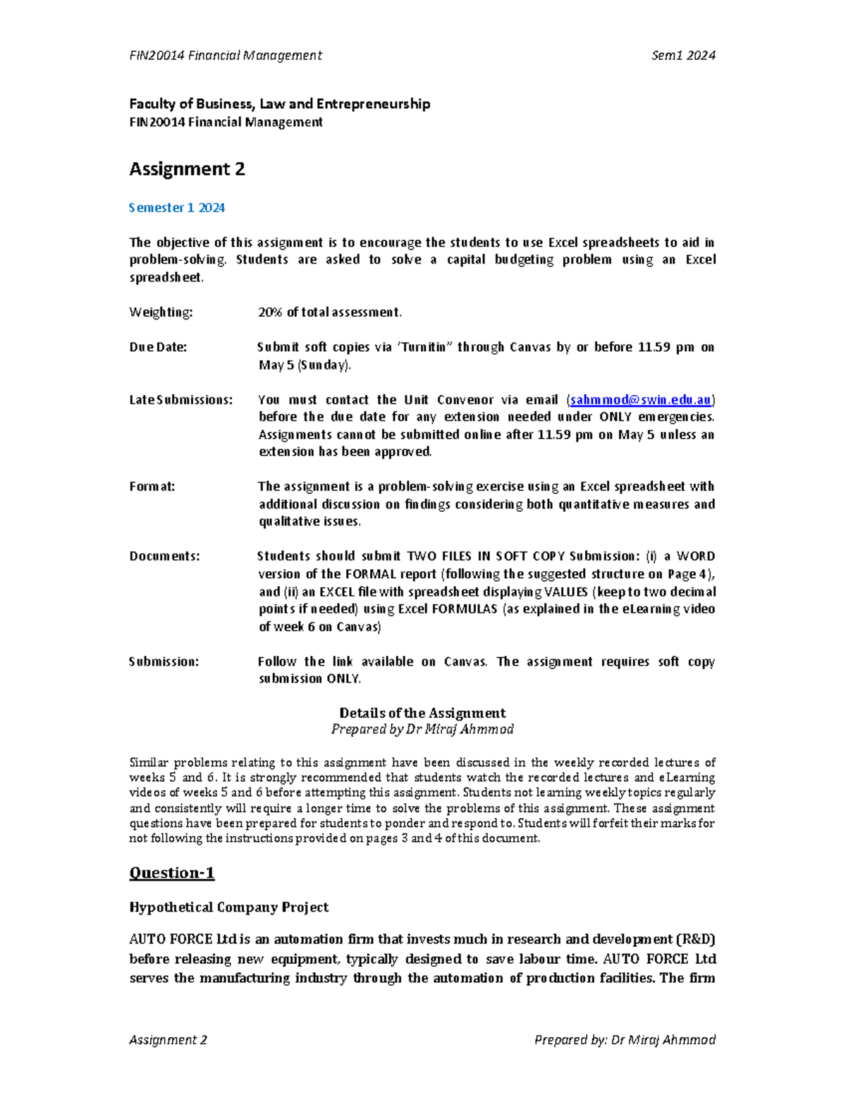 FIN2001 4 Assignment 2 Questions and Instructions - Faculty of Business, Law and ...