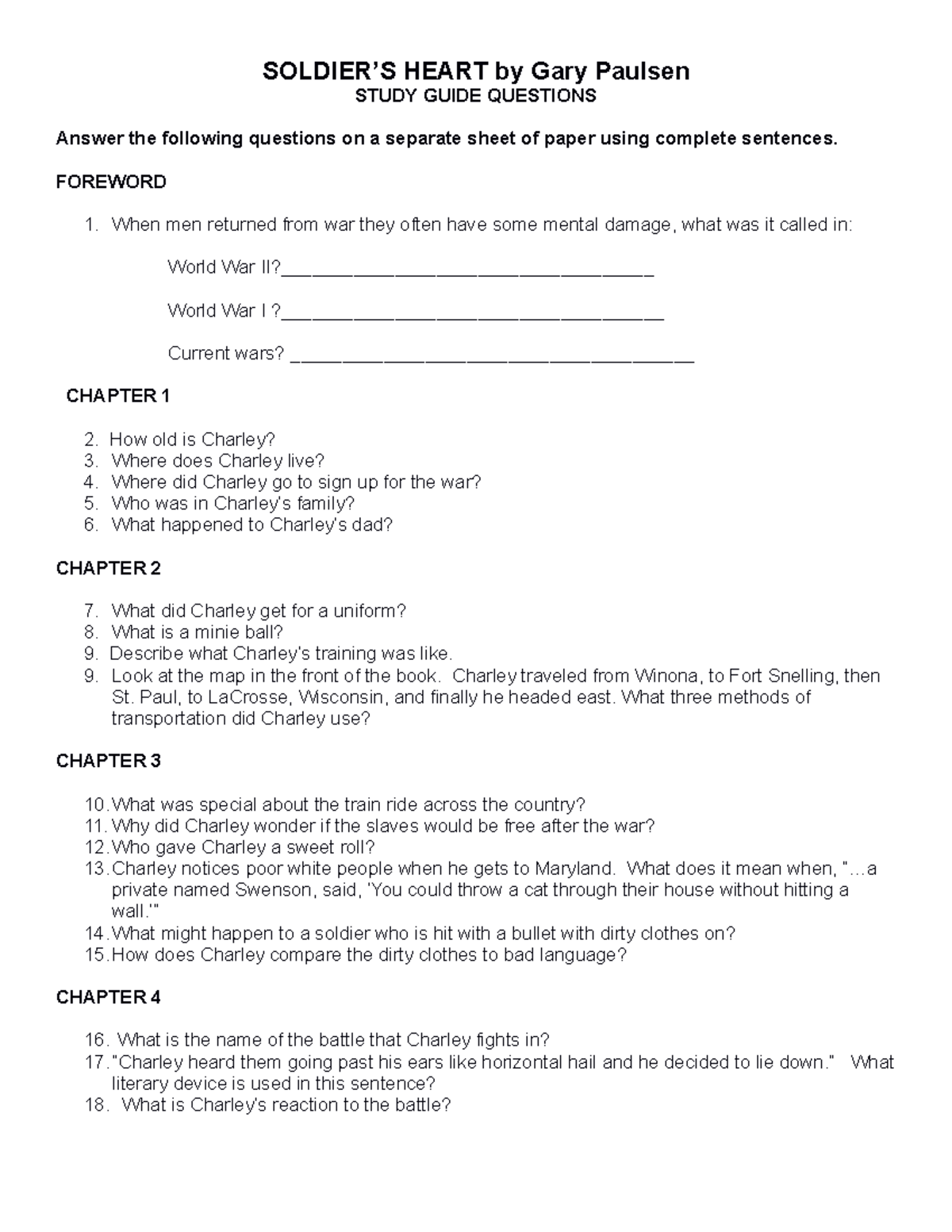 Soldiers Heart Reading Guide - SOLDIER’S HEART by Gary Paulsen STUDY ...