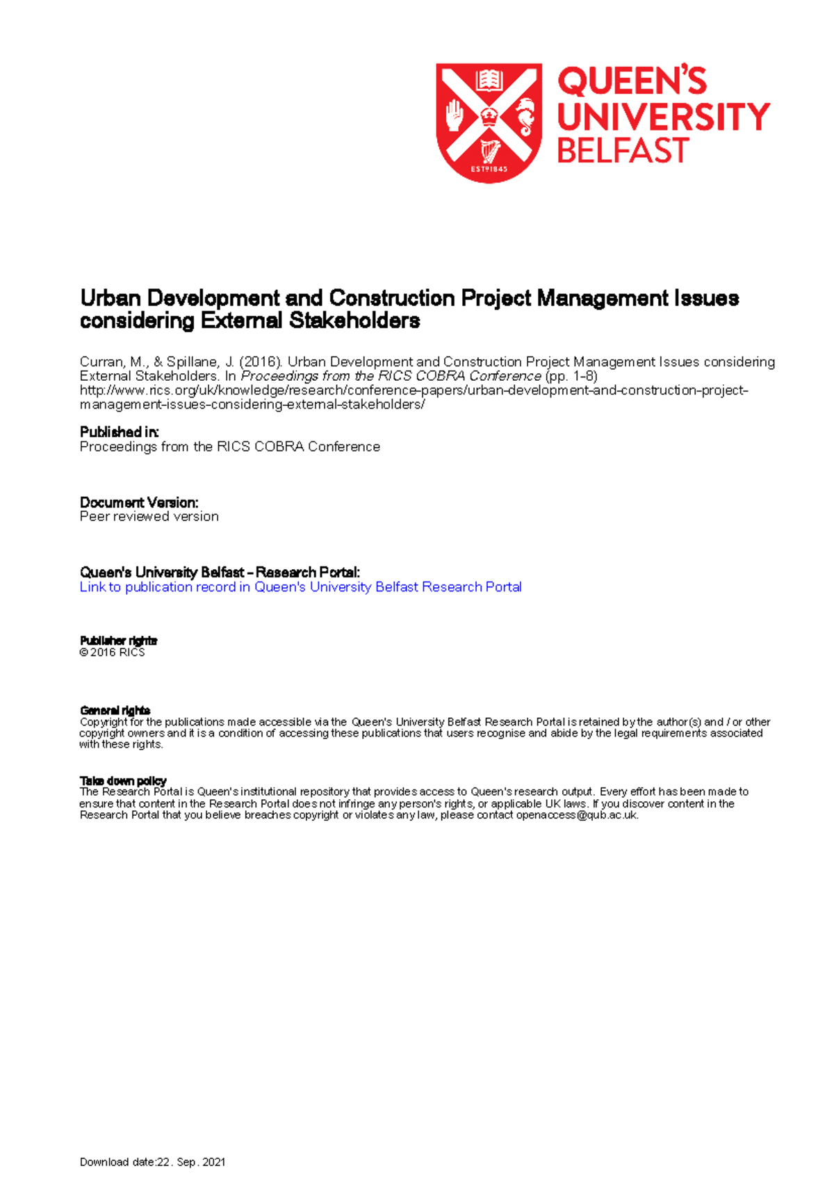 Urban Development and Construction Project Management - NT01045 - QUB ...
