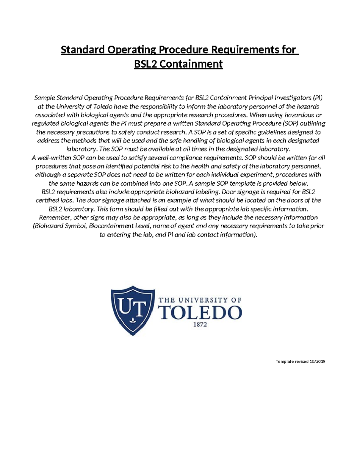 BSL2 SOP Template and Door Sign - Standard Operating Procedure ...