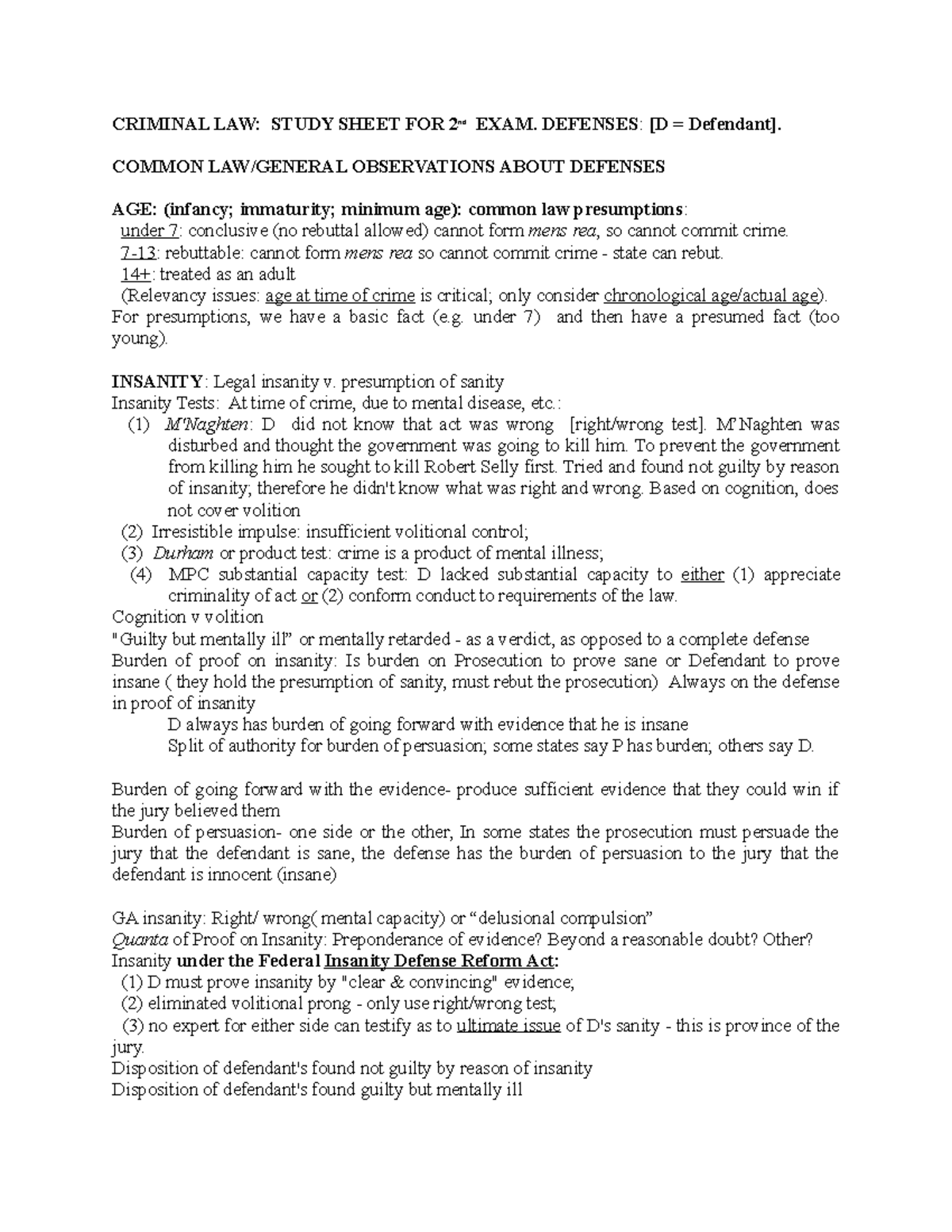 Criminal law study sheet 2 - CRIMINAL LAW: STUDY SHEET FOR 2 EXAM ...