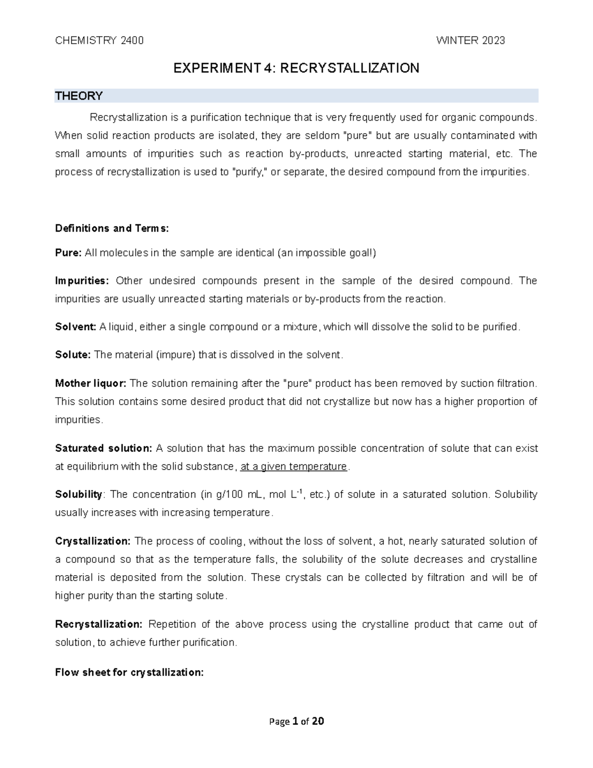 Experiment 4 Recrystallization - CHEMISTRY 2400 WINTER 2023 EXPERIMENT 4: RECRYSTALLIZATION ...