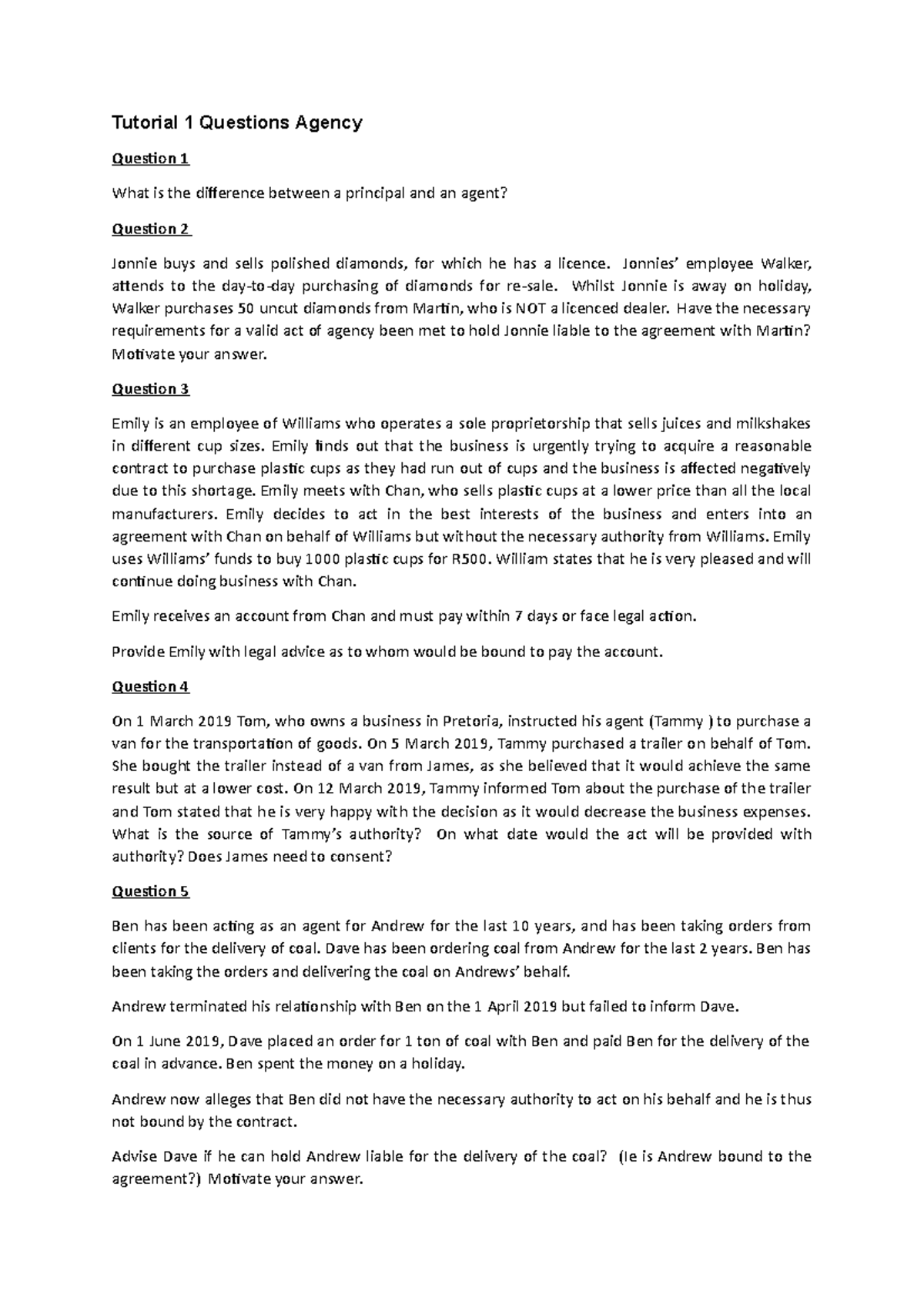 Tutorial 1 Agency Questions only - Tutorial 1 Questions Agency Question ...