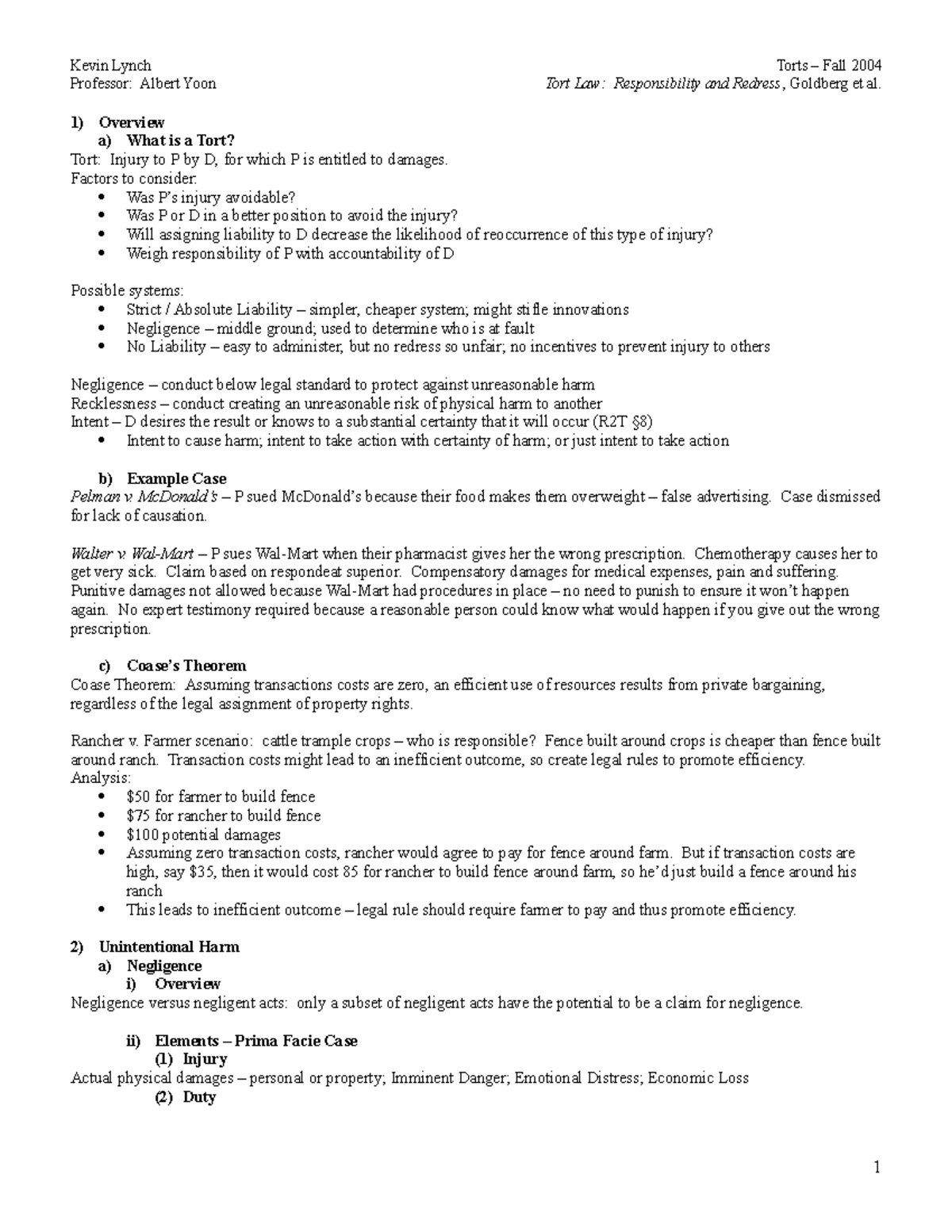 Law school Torts_Outline_04 - Professor: Albert Yoon Tort Law ...