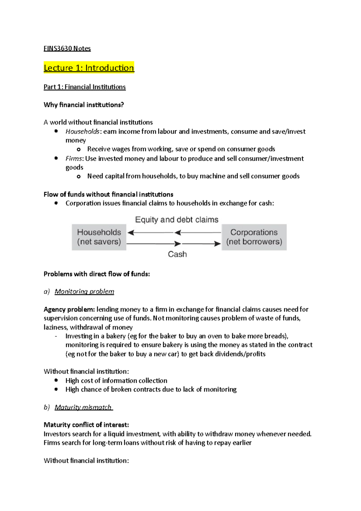 FINS3630 Notes Week 1-6 - FINS3630 Notes Lecture 1: Introduction Part 1 ...