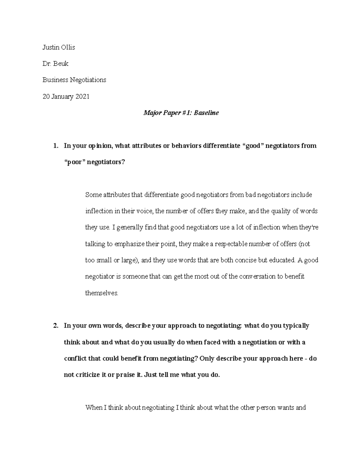 Major Paper #1 Baseline - Justin Ollis Dr. Beuk Business Negotiations ...
