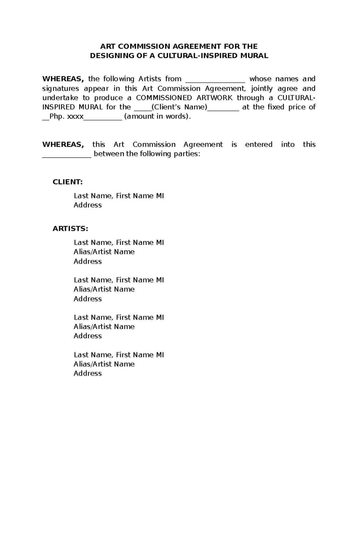 ART COMMISSION AGREEMENT - xxxx_________ (amount in words). WHEREAS ...