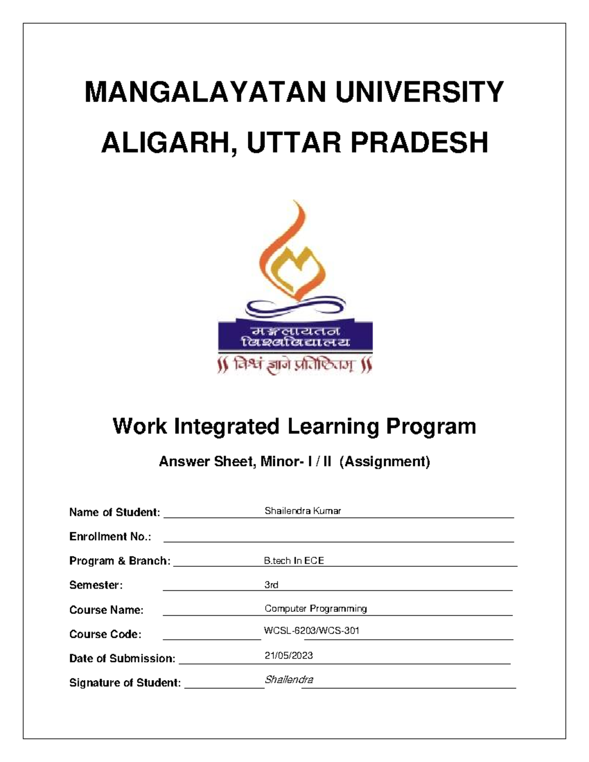 Computer programming - MANGALAYATAN UNIVERSITY ALIGARH, UTTAR PRADESH Work Integrated Learning ...